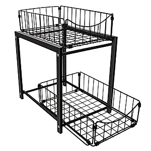 Under Sink Storage, 2 Tier Cabinet Organizer with Sliding Drawer, Easy to Assemble Pull-Out Storage Mesh Basket, Organization for Bathroom, Kitchen, Home (Black)