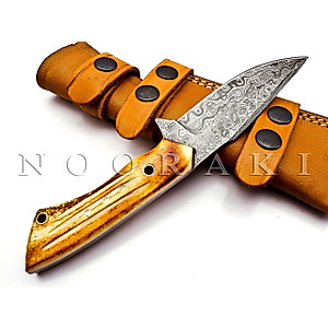 HK-326 Custom Handmade Damascus Steel Knife - Full Tang Fire Camel bone Handle, with Leather Sheath, Ideal Knife for Camping or everyday use