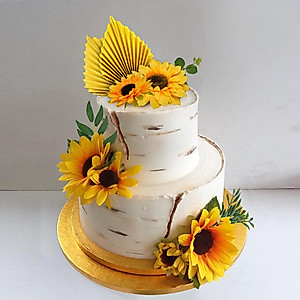 18 PCS Sunflower Cake Toppers, Sunflower Cake Decoration with Sunflowers, Golden Palm Leaves and Eucalyptus Leaves for Birthday Party, Wedding, Baby Shower, Sunflower Party Supplies