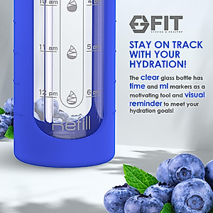 FIT Strong & Healthy 32 oz Glass Water Bottle with Time Marker & Silicone Sleeve - w/Handle & 2 Leakproof Lids Straw & Spout Lid, Wide Mouth, BPA Free 1 Liter Motivational Drinking Bottle, Royal Blue