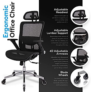Ergonomic Mesh Office Chair - Gaming Chair,Adjustable Rolling Home Desk Chair with 4D Flip Armrests and Headrest, Adjustable Lumbar Support and Blade Wheels Backrest and Headrest (Black)