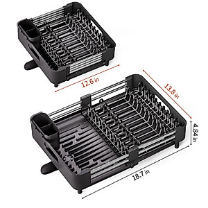 TOOLF Extendable Dish Rack, Dual Part Dish Drainers with Non-Scratch and Movable Cutlery Drainer and Drainage Spout, Adjustable Dish Drying Rack for Kitchen, 1 Piece Black