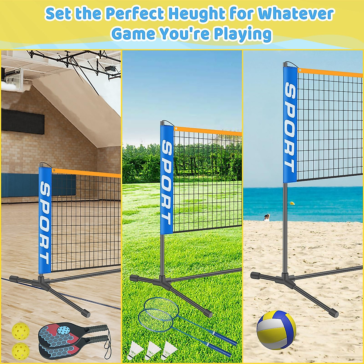 Pickleball Net, Pickleball Set with Net, Indoor Outdoor 17ft x 3-5ft Height Adjustable Pickle Ball Net, Pickleball, Badminton, and Volleyball All-in-One Net w/Pickleball Paddles, Badminton Rackets