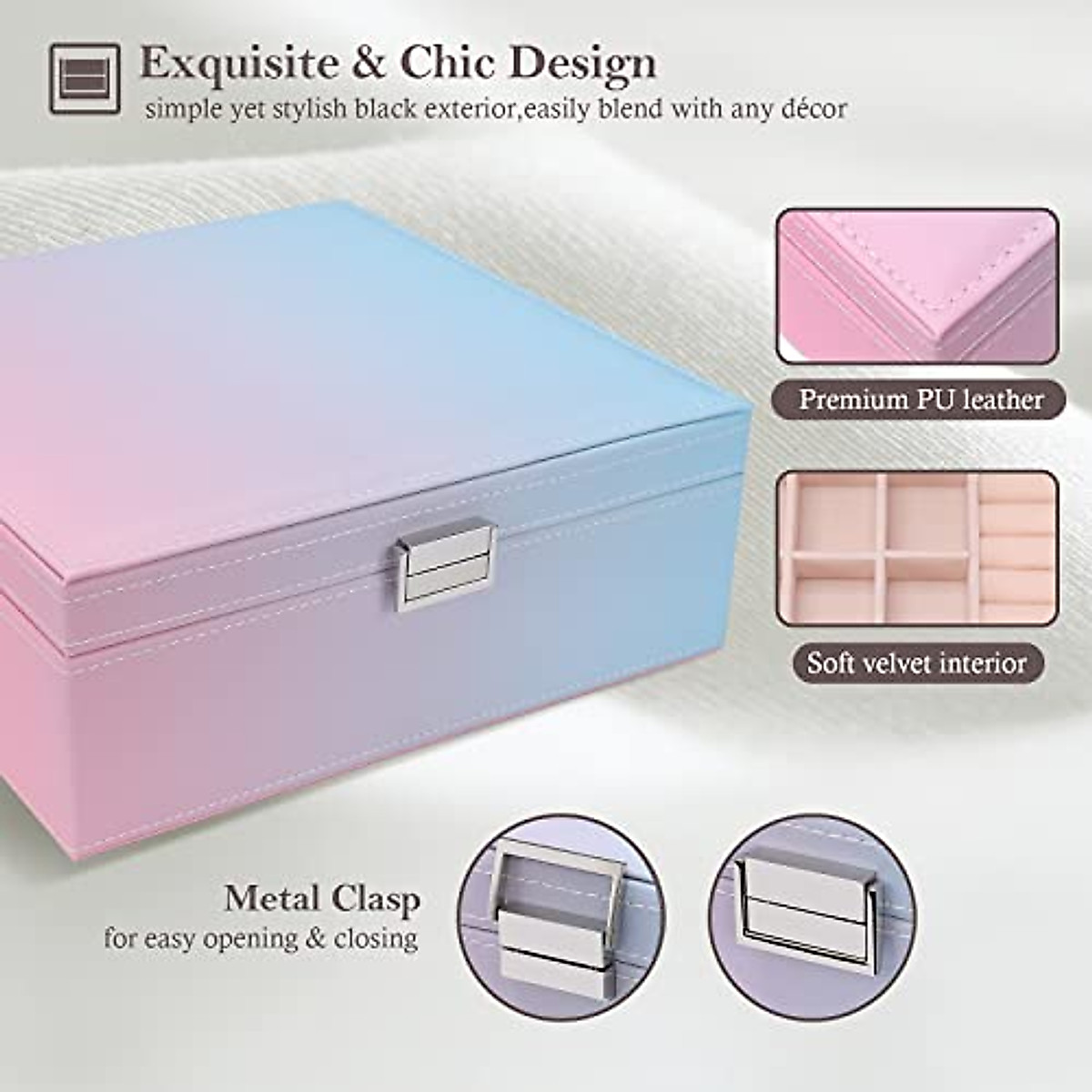 ProCase Jewelry Box for Women, 2 Layers Large Leather Jewelry Organizer Storage Case with Removable Pad for Earrings -Gradient