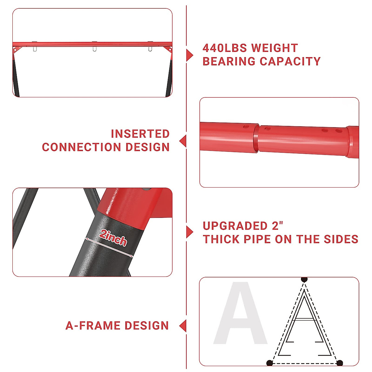 IKARE Upgraded Heavy Duty Metal Swing Frame with Ground Nails, Swing Stand for 440lbs Load Capacity, Fits for Most Swings, Great for Indoor and Outdoor Activities (Red & Black)