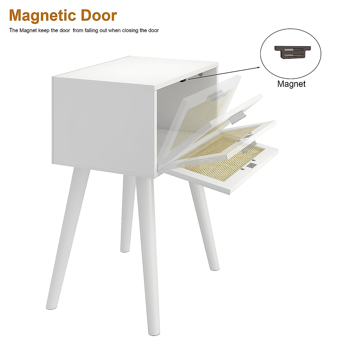 LAATOOREE Table, Nightstand Set of 2 - Small End Table with Rattan Door, Boho Style for Bedroom Living Room - White