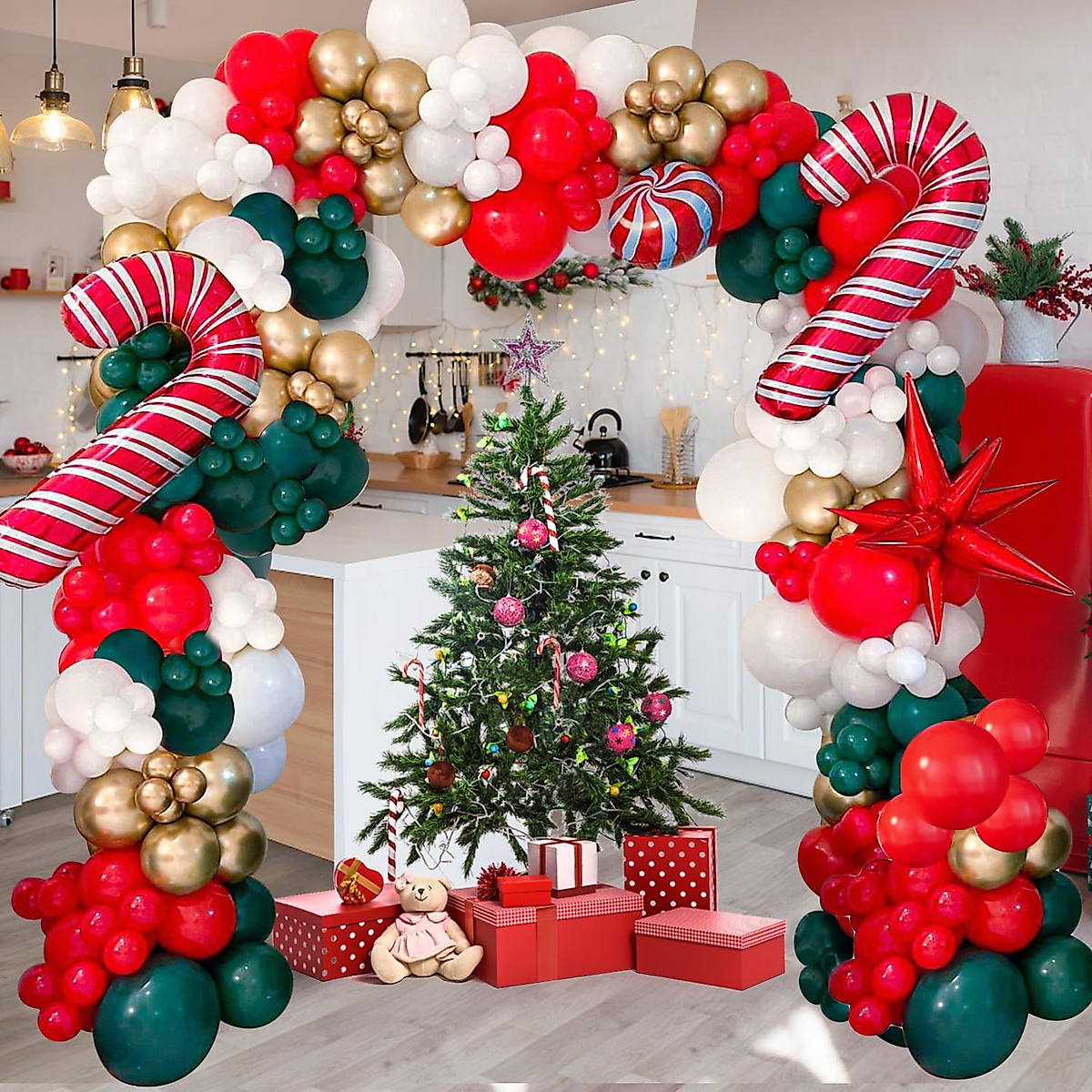 Christmas Balloon Garland Arch Kit with Red, Green, White and Gold Balloons, Candy Cane, Exploding Star for Christmas Party Decorations