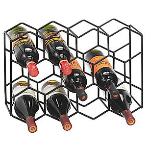mDesign Metal Hexagon 3-Tier Wine Rack - Minimalist Bottle Holder for Kitchen Countertop, Pantry, or Refrigerator Space - Wine, Beer, Pop/Soda, Water Bottles, and Juice, Holds 11 Bottles - Matte Black