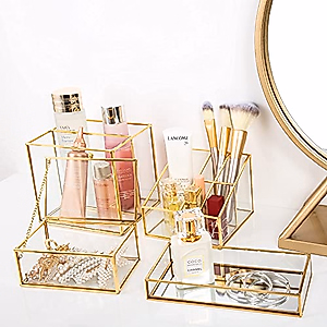 Feyarl Gold Clear Glass Vanity Tray Jewelry Trinket Rings Earrings Organizer Perfume Collection Display Decorative Tray for Dressr Drawer Office Tabletop (7.87Inch)