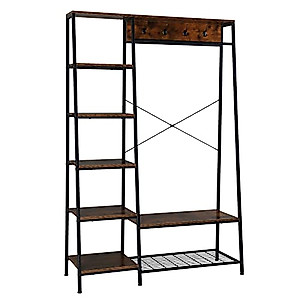 Kcelarec Clothing Rack with Hooks, Clothes Rack with Storage Shelves, Freestanding Clothing Rack, Garment Rack, Standing Metal Sturdy Clothing Rack, Small Space Storage Solution (Style 1)