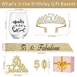 Juesly 50th Birthday Gifts for Women with 15oz Wine Glass, 50th Birthday Crown, Sash, Cake Topper and Candles, 50 Year Old Birthday Decorations 50th Birthday Gifts Idea
