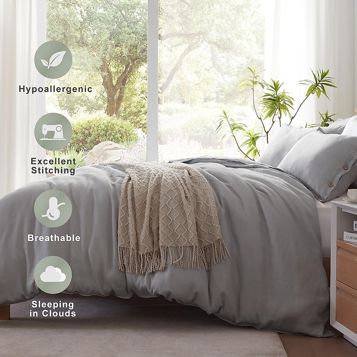 TOSMO 100% Linen Duvet Cover Set with Button Closure, 3 Pieces (1 Duvet Cover with 2 Pillowcases), Soft Breathable Durable Farmhouse Bedding - King, Soft Grey