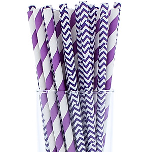 Party On Tap Purple Straws - 50 Pack Of Biodegradable Striped Paper Straws For Parties, Cake Pop Sticks, And More
