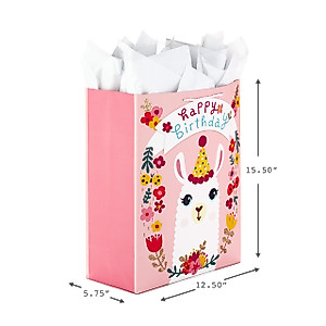 Hallmark 15" Extra Large Gift Bag with Tissue Paper for Birthdays (Llama and Flowers)