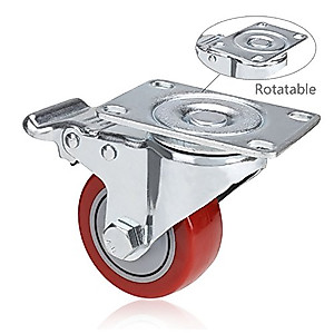 COOCHEER Casters, 3'' Heavy Duty Casters, Load 1200lbs, Lockable Bearing Caster Wheels with Brakes, 360-degree Top Plate Swivel Casters for Furniture and Workbench, Casters Set of 4, Red (Free Screws)