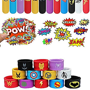 ATP ADT 12PCS Superhero Slap Bracelet for Kids Boys & Girls - Superhero Birthday Party Supplies Favors - Super Hero Avengers Toys - Comic Super Hero Party Stickers (50 Pack) Carnival Prizes