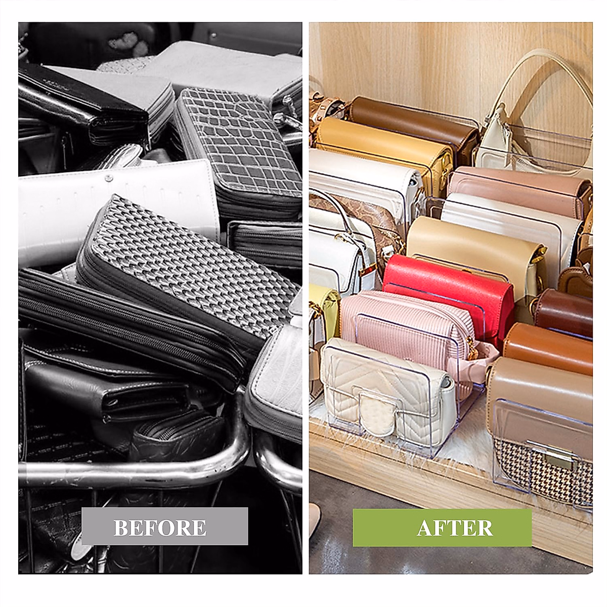 2 Pcs Purse Organizer for Closet, Acrylic Clear Purse Storage Organizers, Closet Organizers and Storage Purse Handbag Divider Holder, 4 Sections Purse Organizers Dividers in Bedroom Office (bright)