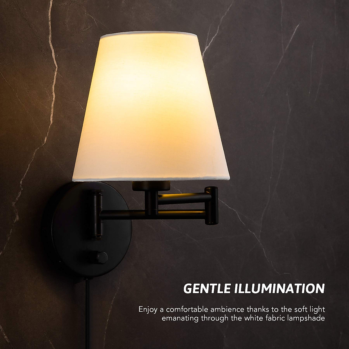 VONLUCE Modern Swing Arm Wall Mount Light Plug in, Corded Wall Lamps with White Fabric Shade, Black Metal Adjustable Wall Sconce, Wall Mount Lamp for Bedroom, Living Room, Bedside