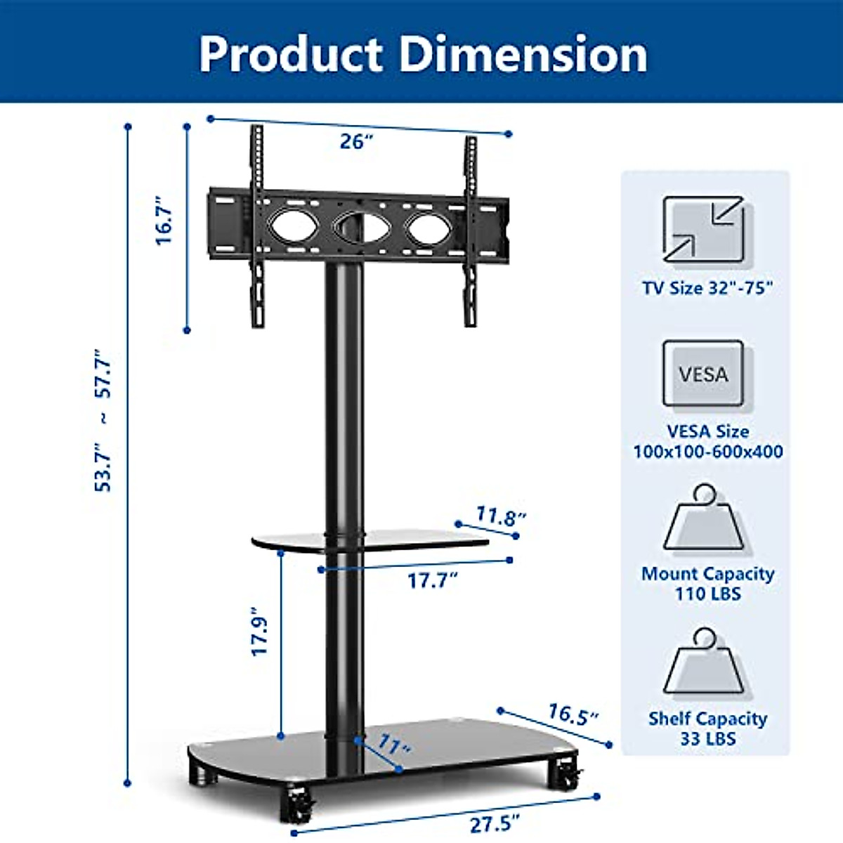 Rfiver Universal Swivel Mobile TV Stand Rolling Cart for 32-75 Inch Flat Screen TV Monitor, Tall TV Stand with Mount and Wheels Portable for Home Office, Max Vesa 600x400 mm