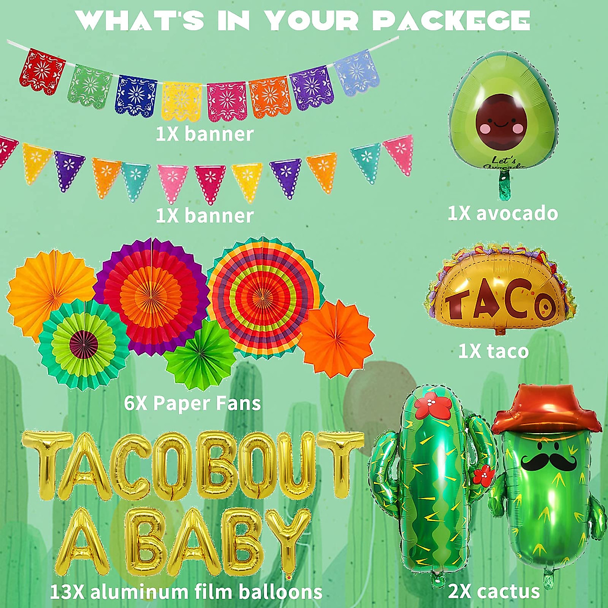 26 PCS Taco Bout a Baby Decoration, Fiesta Baby Shower Decorations Include Taco Bout a Baby Balloons Paper Fans Fiesta Banner Cactus Avocado Foil Balloons for Taco Bout a Baby Shower Decorations