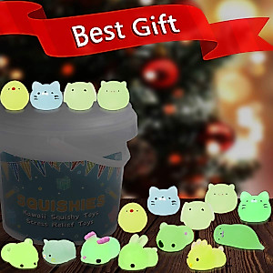 POKONBOY 23 Pack Squishies Mochi Squishy Toys Glow in The Dark Party Favors for Kids - Mini Kawaii Squishies Mochi Animals Stress Relief Squishy Pack Squishy Cat Squishys with Storage Box