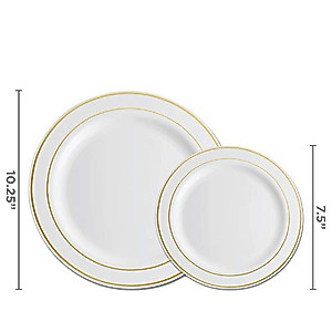 Munfix 100 Piece Plastic Party Plates White Gold Rim, 50 Premium Heavy Duty 10.25 Inch Dinner Plates and 50 Disposable 7.5 Inch Dessert Appetizer Elegant Fancy Heavy Duty Wedding Plates