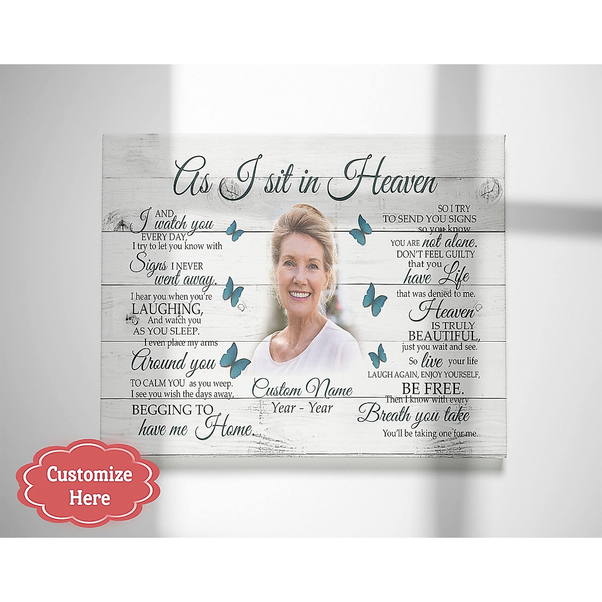 Butterfly Personalized Memorial Canvas for Loss of Loved one, Sympathy Gift for Loss of Sister Daughter Mom Dad - As I Sit In Heaven Canvas - VTQ128 (16x12 inch)