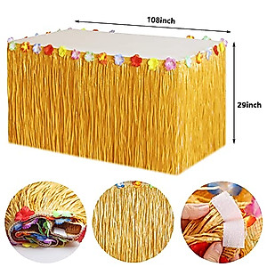 Tropical Luau Party Decorations Set Hawaiian Beach Theme Party Favors Luau Party Supplies with 9ft Luau Grass Table Skirt, Palm Leaves, Hibiscus Flowers, 3D Fruit Straws, Flamingo and Pineapple Décors