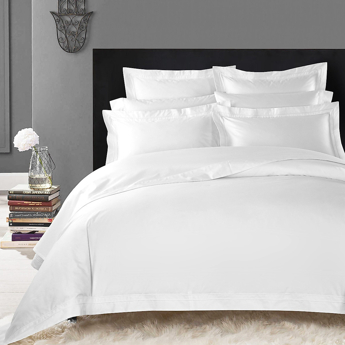 CASA BOLAJ DESIGNED TO DREAM Triomphe Collection 3 Pieces Do Not Include Filling White Color King Size Duvet Cover Set 100% Egyptian Cotton Sateen 400 Thread Count Luxury Handcraft(White,King)