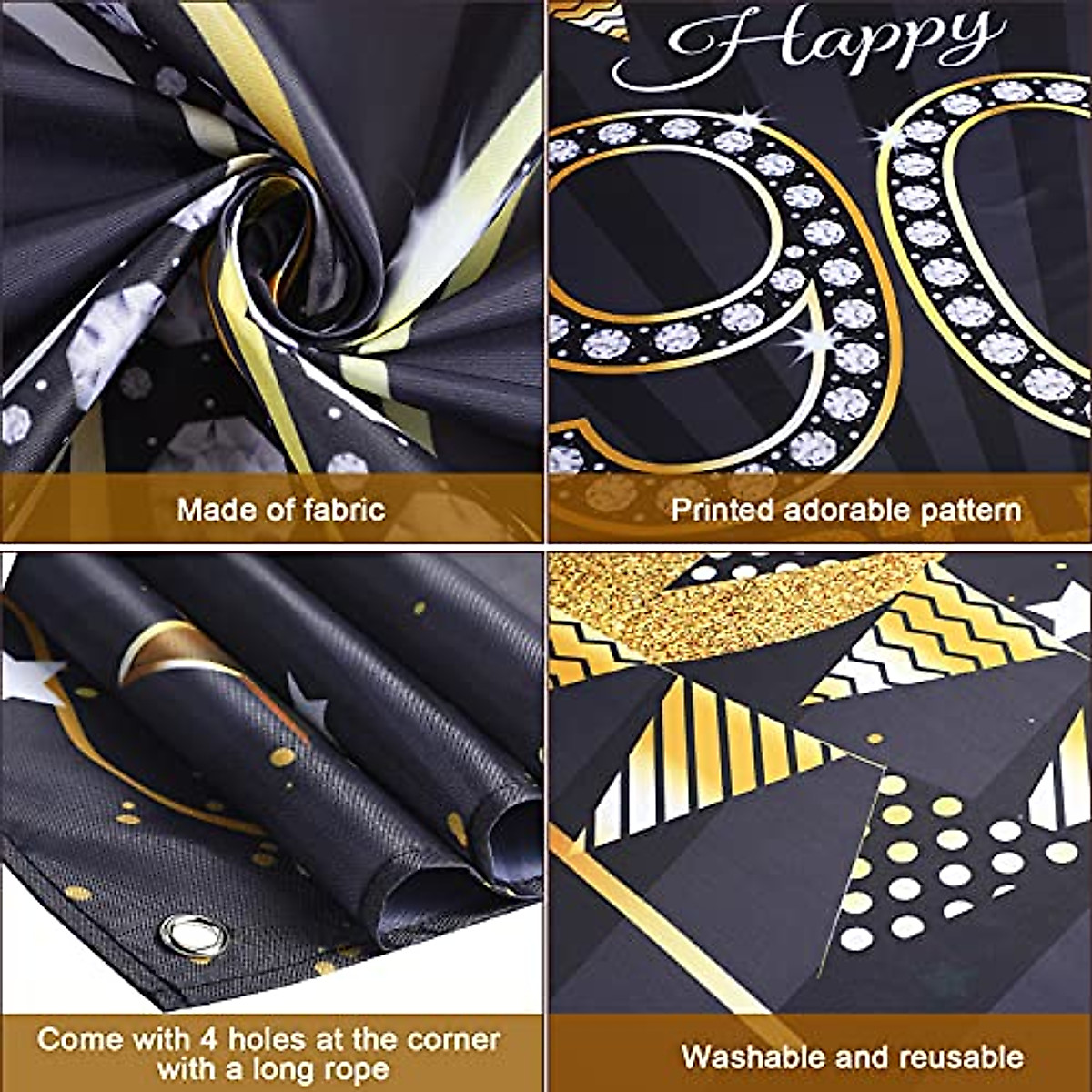 Happy 90th Birthday Backdrop Banner Extra Large Black and Gold 90th Birthday Photo Booth Backdrop Photography Background Happy 90th Birthday Party Decorations for Women and Men, 72.8 x 43.3 Inch