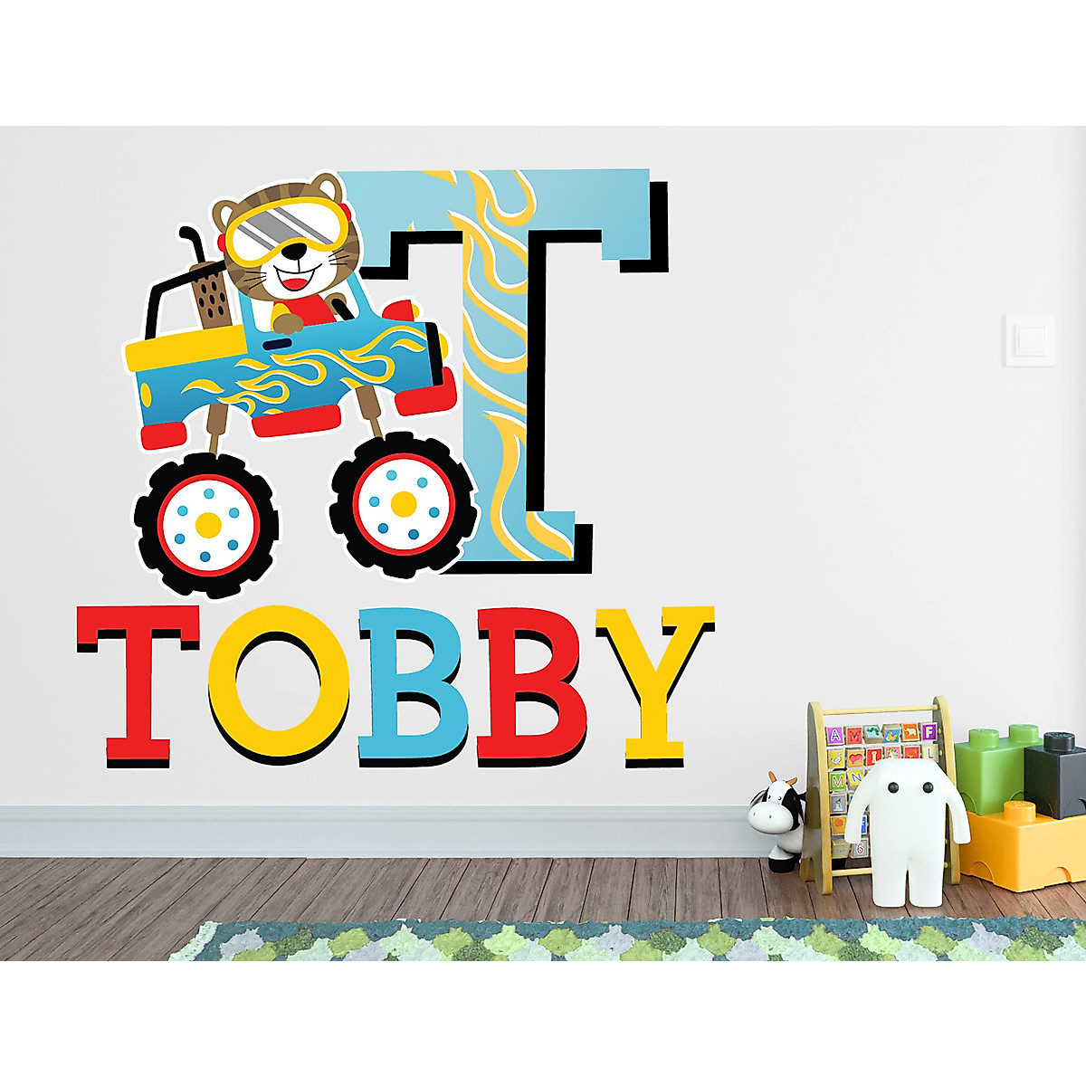 Racing Trucks Wall Decal for Boys Nursery - Personalized Name Stickers Car Wall Decals Bedroom Decor - Monster Truck Wall Sticker for Baby Room - Car Themed Room Decor - Boys Custom Name Wall Decal