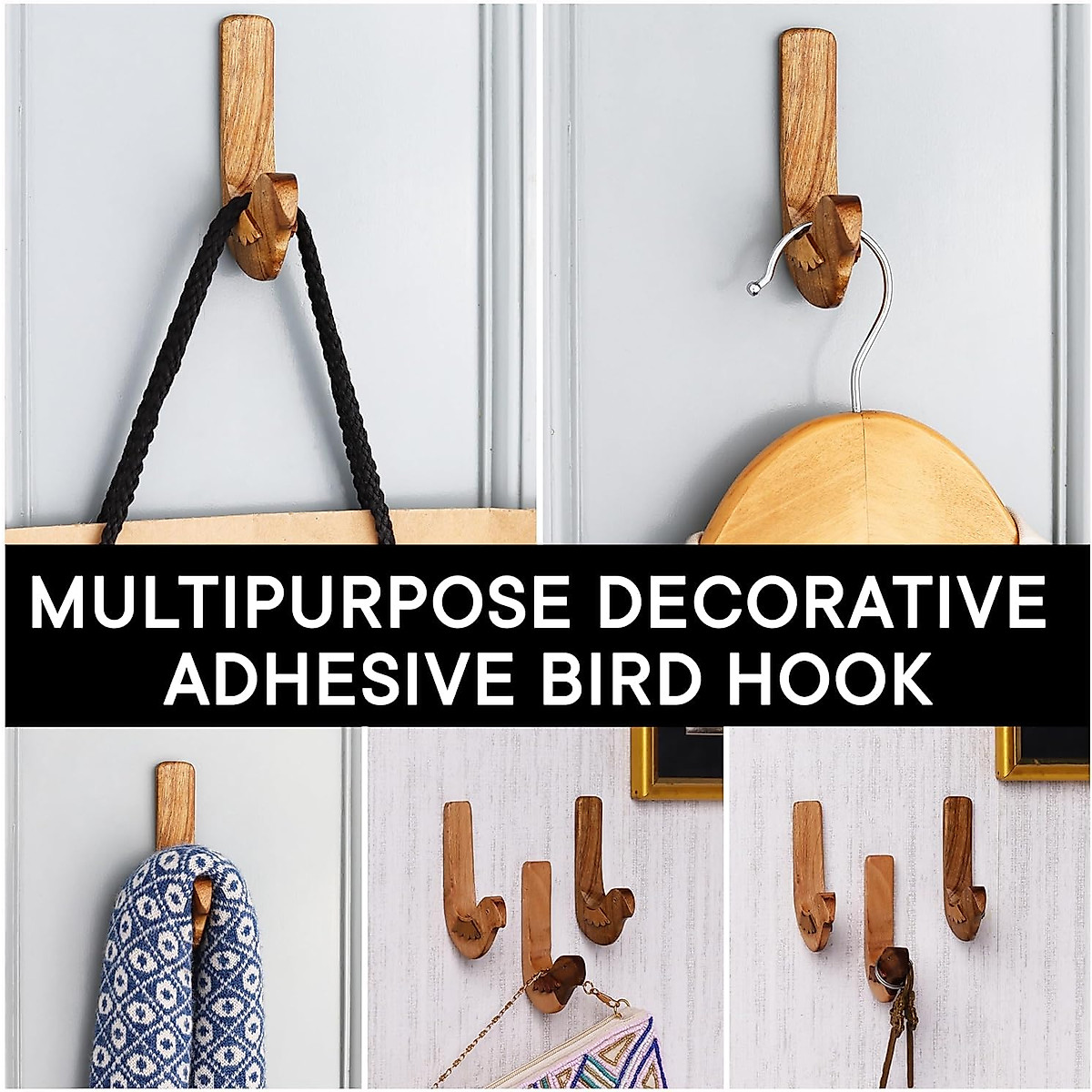 Indian Shelf 3 Hook, 6 Strips Cute Bird Decorative Adhesive Wall Hooks for Hanging Unique No Damage Wood Wall Hooks