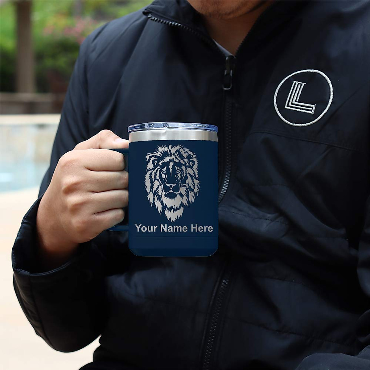 LaserGram 15oz Vacuum Insulated Coffee Mug, Cricket Player, Personalized Engraving Included (Navy Blue)