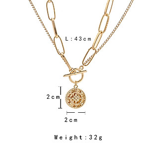 Gold Chunky Thick Link Chain Necklace Compass Coin Pendant Toggle Necklace Charm Minimalist Jewelry for Women Men Teen Girls