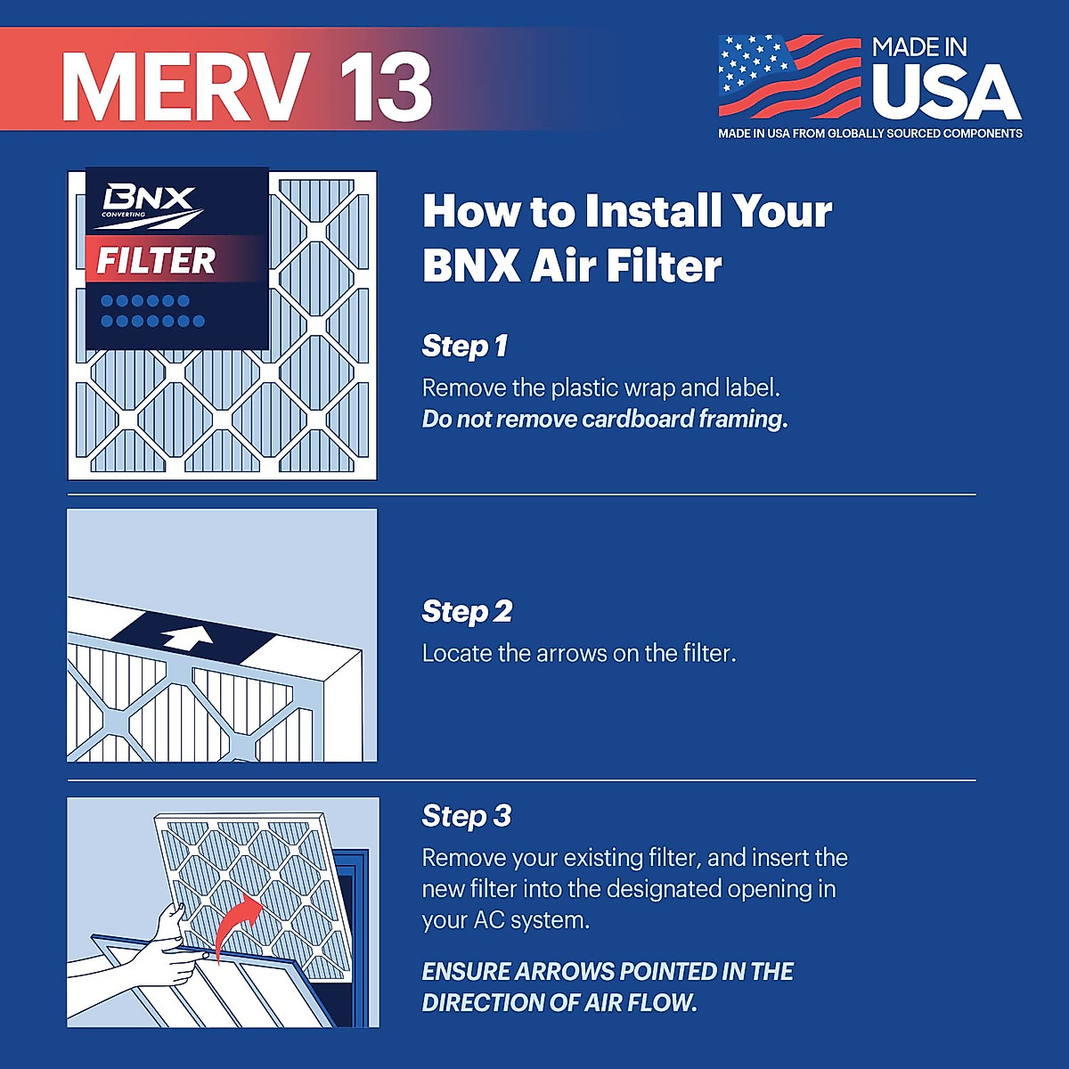 BNX TruFilter 20x25x1 Air Filter MERV 13 (6-Pack) - MADE IN USA - Electrostatic Pleated Air Conditioner HVAC AC Furnace Filters for Allergies, Pollen, Mold, Bacteria, Smoke, Allergen, MPR 1900 FPR 10