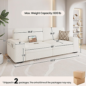 Yaheetech 83.5" W Modern Sofa Couch 2 Seater Corduroy Fabric Sofa with USB Charging Ports & Side Storage Pockets for Living Room Apartment, Ivory