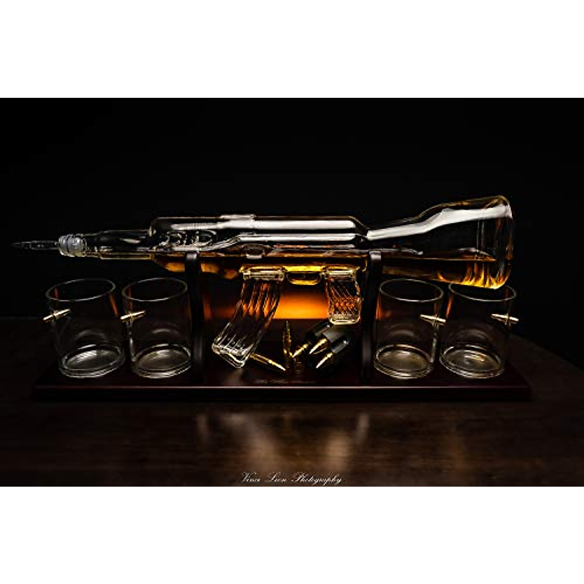 Gun Large Decanter Set Bullet Glasses - Limited Edition Elegant Rifle Gun Whiskey Decanter 22.5" 1000ml With 4 Bullet Whiskey Glasses and Mohogany Wooden Base By The Wine Savant