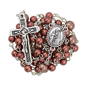 Brown Imitation Pearl Bead Rosary with Saint Joseph Centerpiece, 19 Inch