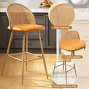 SICOTAS Rattan Bar Stools Set of 2 - Boho Counter Height Barstools - 29" Armless Bar Stools for Kitchen Island - Farmhouse Bar Stools with Back and Leather Cushion - Vintage Design Tall Kitchen Chairs