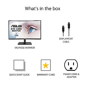 ASUS 27” 1080P Curved Monitor (VA27VQSE) - Full HD, 75Hz, 1ms, Adaptive-Sync/FreeSync, Low Blue Light, Flicker Free, VESA Mountable, Frameless, HDMI, DisplayPort, HDR-10, Height Adjustable,Black