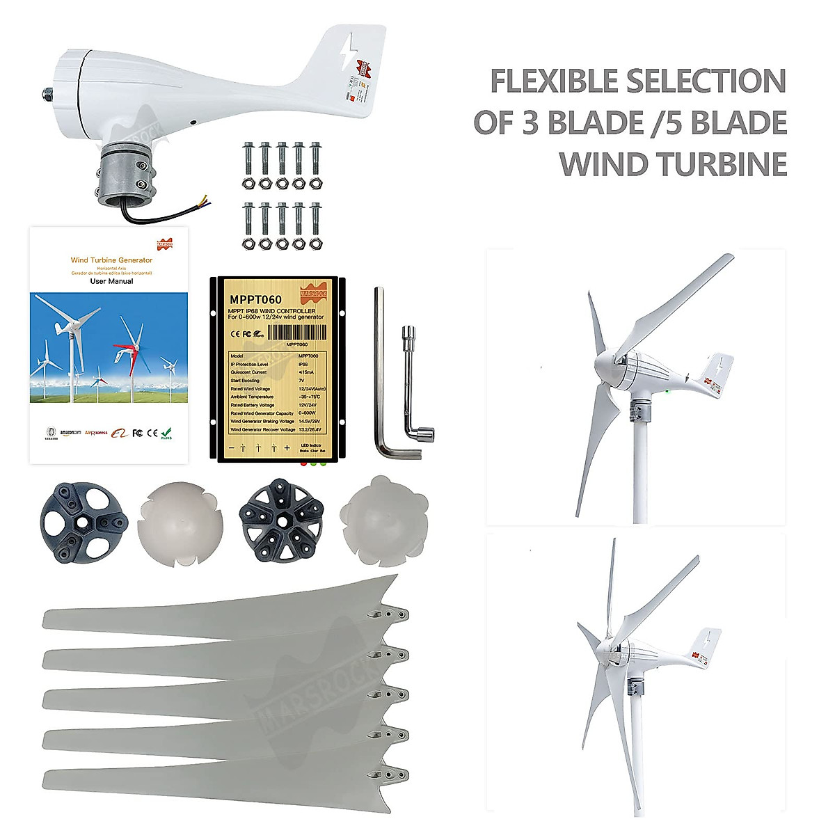 Mars Rock Small Wind Turbine Wheel Hub And Cap 3 Vanes Blades’ Screws & Nuts Kit For Horizontal Wind Turbine Generation DIY 100w To 1000w Small Windmill Accessories Parts