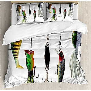 Ambesonne Fishing Duvet Cover Set, Various Type of Fishing Baits Hobby Leisure Passtime Sports Hooks Catch Elements, Decorative 3 Piece Bedding Set with 2 Pillow Shams, Queen Size, White