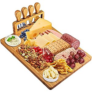 Xergur Bamboo Cheese Board Set - Charcuterie Boards and Serving Meat Platter, Cheese Tray with 4 Stainless Steel Cheese Knives Cutting Board Platter, Ideal for Halloween, Wedding, Christmas Gifts
