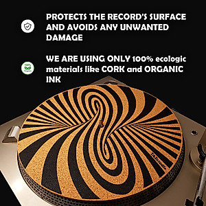TazStudio Premium slipmat - Cork Turntable Mat for Better Sound Support on Vinyl LP Record Player - Cork mat Original Geometric Design Psychedelic Geometric spiral Art [4mm Thickness]-m7