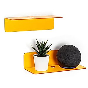 OAPRIRE Small Acrylic Floating Wall Shelves Set of 2, Flexible Use of Wall Space, 9 Inch Adhesive Display Shelf for Security Cameras/Smart Speaker/Action Figures, with Cable Clips - Clear Orange