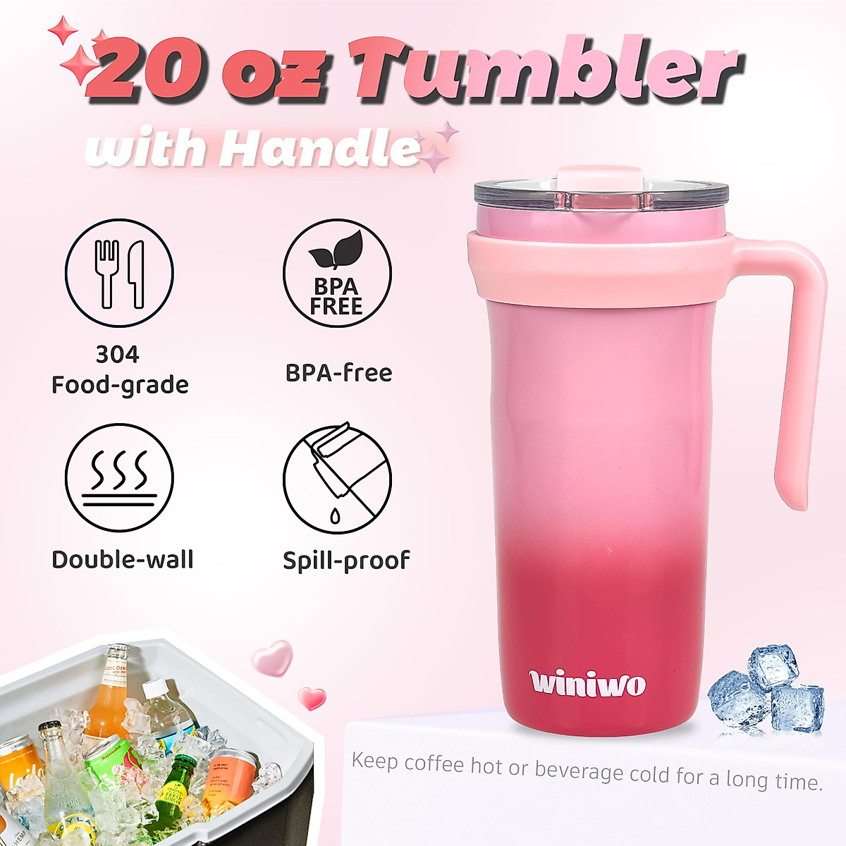winiwo 20 oz Tumbler with Handle, Easy to Hold, Travel Coffee Mug with Screw Lid, Spill-proof, Insulated Cups, Built-in Up Down Flip, Fit Most Car Cup Holders, Commute, School, Home, Office