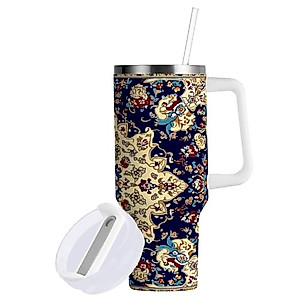 Jihqo Baroque Style Flowers 40 oz Stainless Steel Vacuum Insulated Tumbler with Handle and Straw Lid, Leakproof Water Bottle Double Wall Travel Mug Coffee Cup, Cupholder Friendly