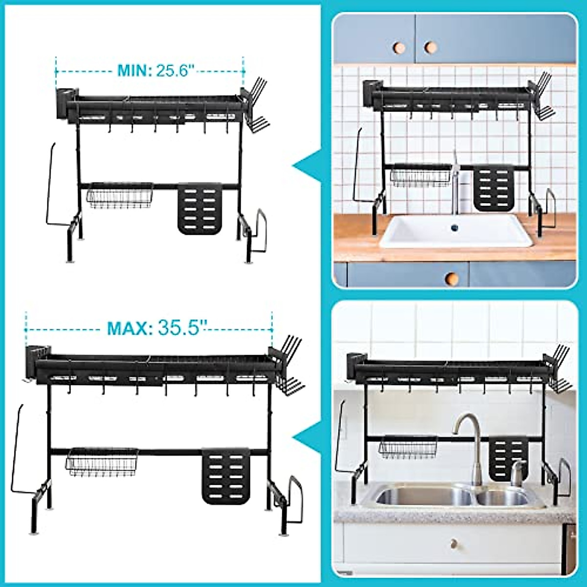 Fashionwu Over Sink Dish Drying Rack, Adjustable Multifunctional Dish Drainer for Kitchen Storage Countertop Organization, 25.6-35.5in