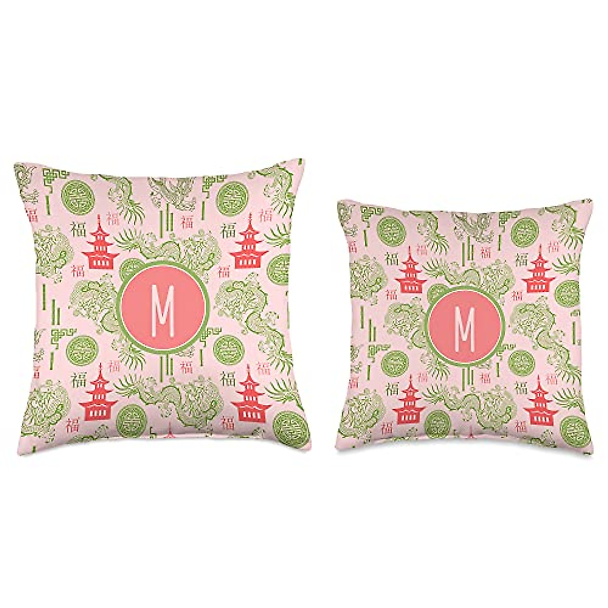 Chinoiserie Pattern Gifts by Southerngal Personalized 'M' Chinoiserie Chinese Dragon Pink Green Throw Pillow, 18x18, Multicolor