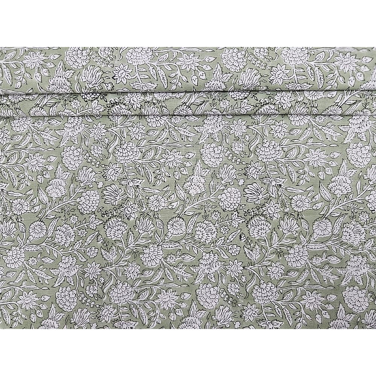 Green Hand Block Printed Indian Natural Cotton Jaipuri Print Sanganeri Kurti Print Fabric by The Yard (3 Yard)